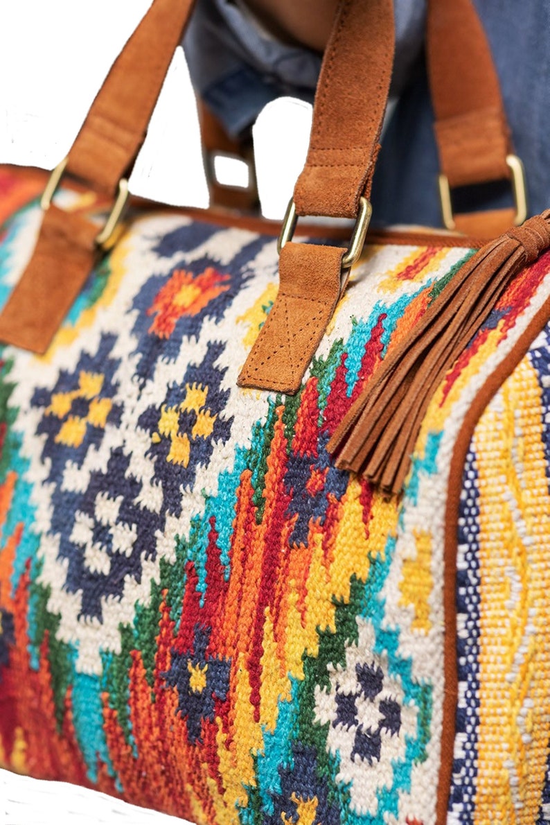 Large Aztec Shoulder Bag Colorful Cotton Handbag With Genuine Leather ...