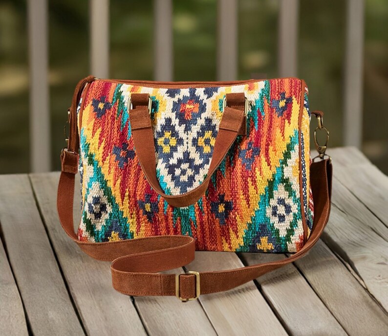 Large Aztec Shoulder Bag Colorful Cotton Handbag With Genuine Leather ...