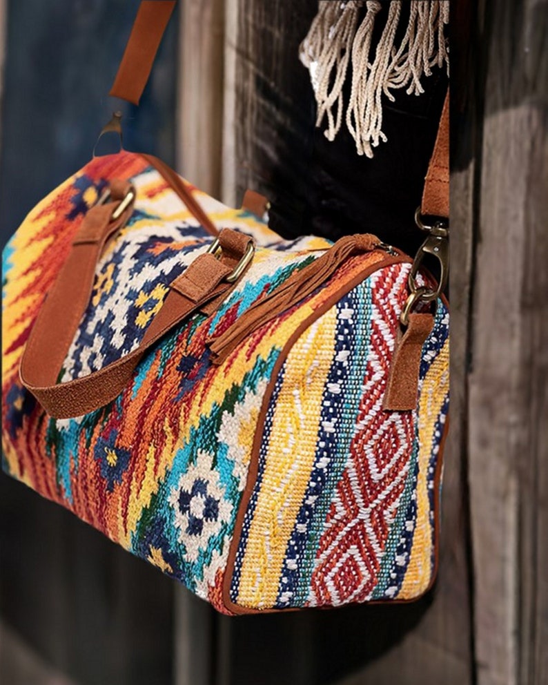 Large Aztec Shoulder Bag Colorful Cotton Handbag With Genuine Leather ...