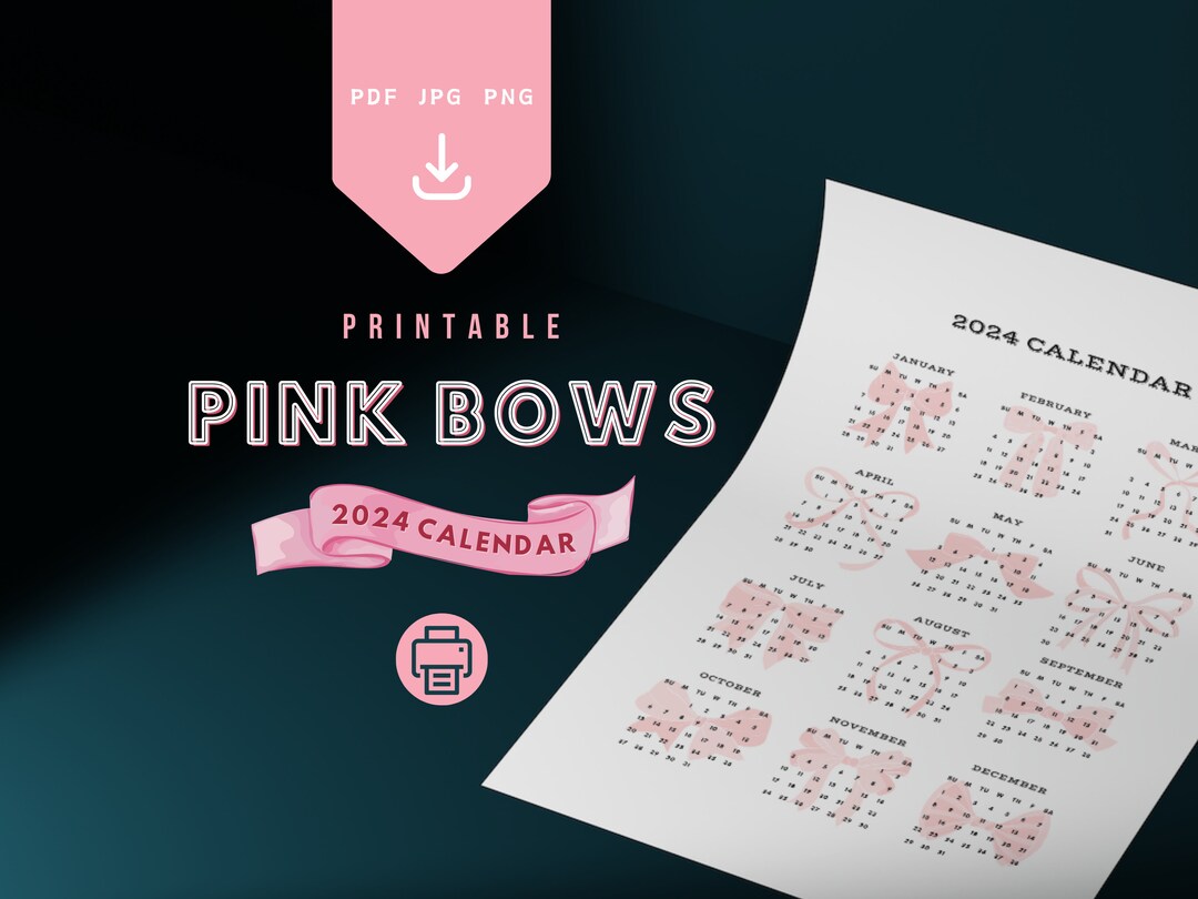 Pretty in Pink Bows 2024 Year-at-a-glance Calendar, Instant Download ...
