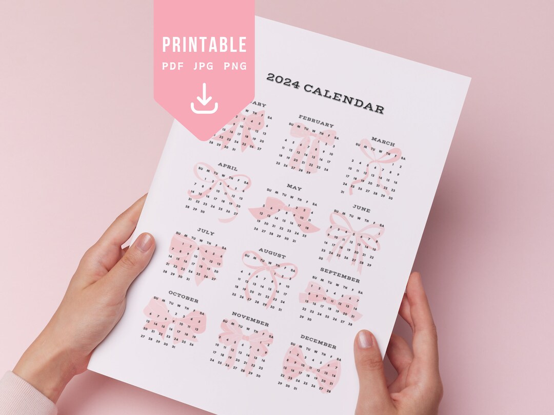 Coquette Bow Monthly Calendar 2024 Year-at-a-glance, Instant Download ...