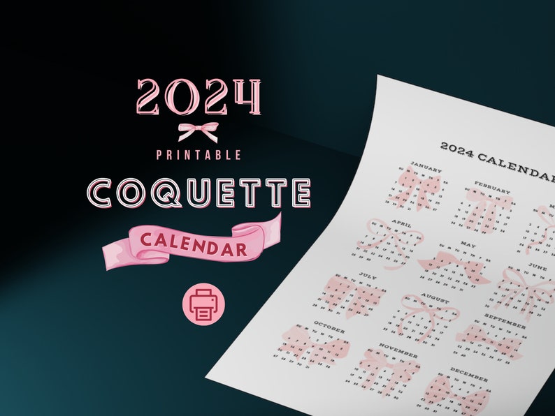 Charming Coquette Bow Calendar 2024 Year-at-a-glance, Instant Download ...