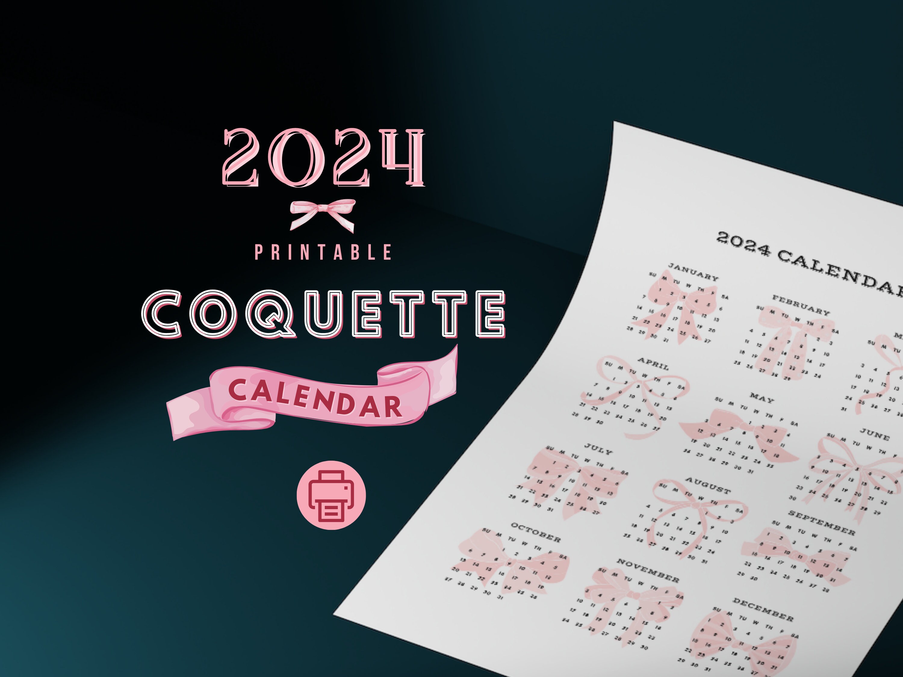 Coquette Bow Monthly Calendar 2024 Year-at-a-glance, Instant Download ...