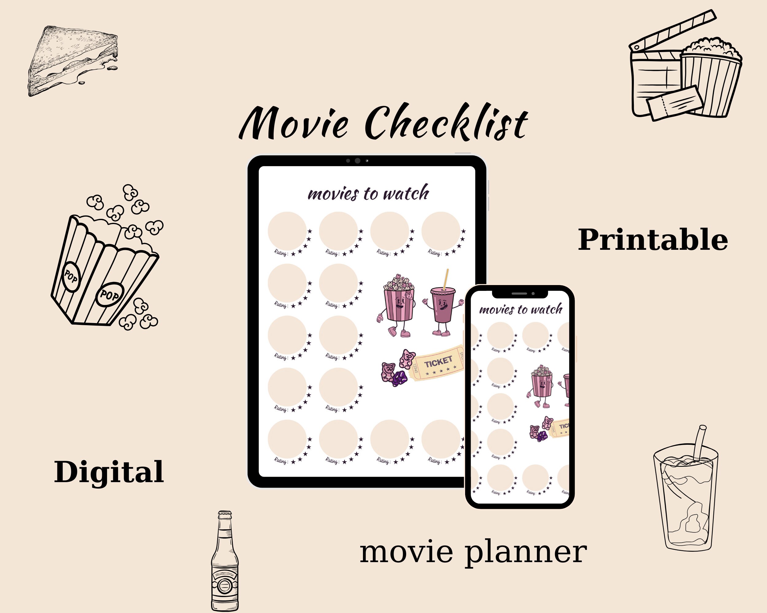 Movie Checklist, Printable Instant Download for Movie Lovers, Movie ...