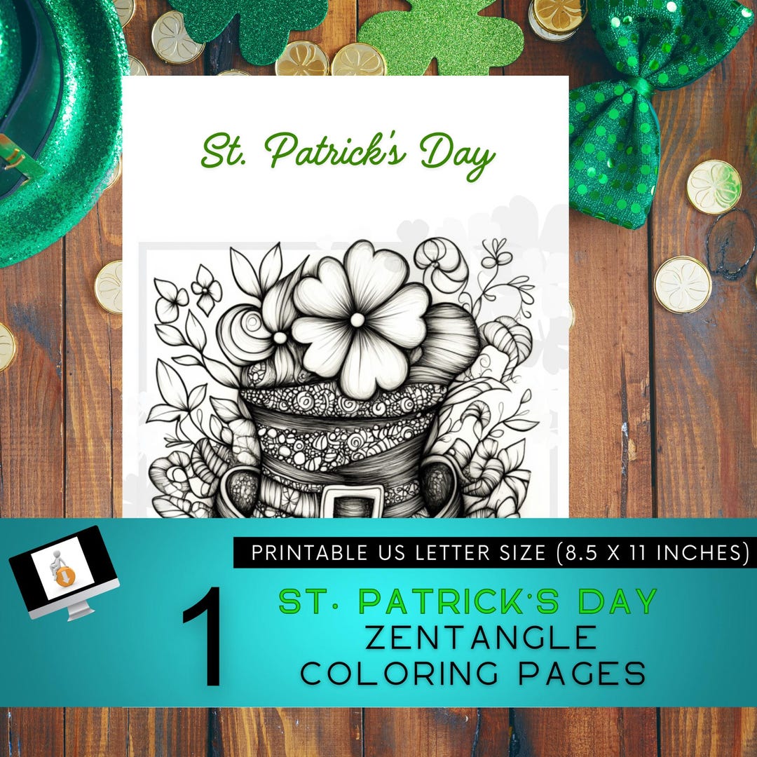 St Patricks Day Coloring Page & Shamrock Leprechaun Hat Zentangle ...