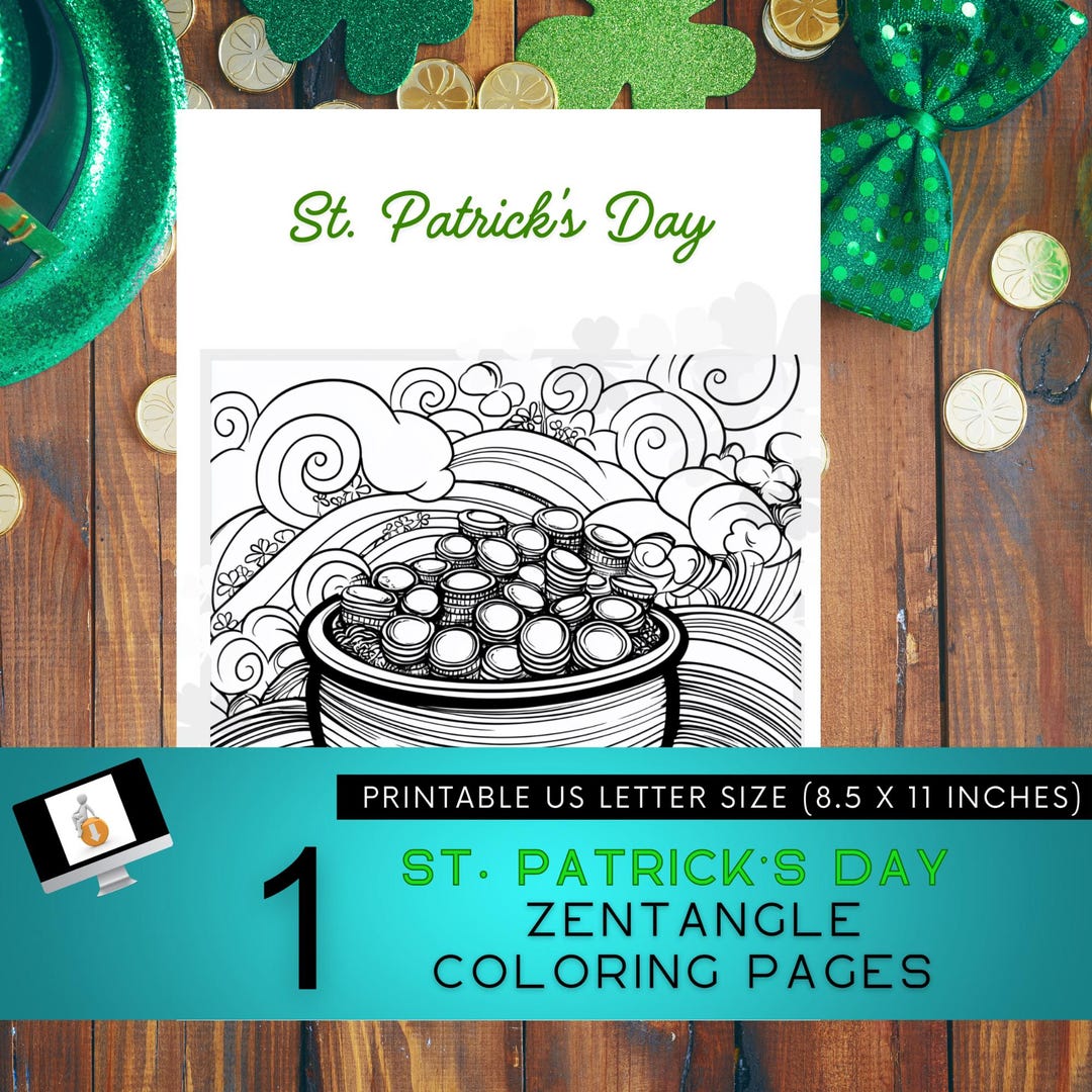 St Patricks Day Coloring Page & Pot of Gold Zentangle Digital Download ...