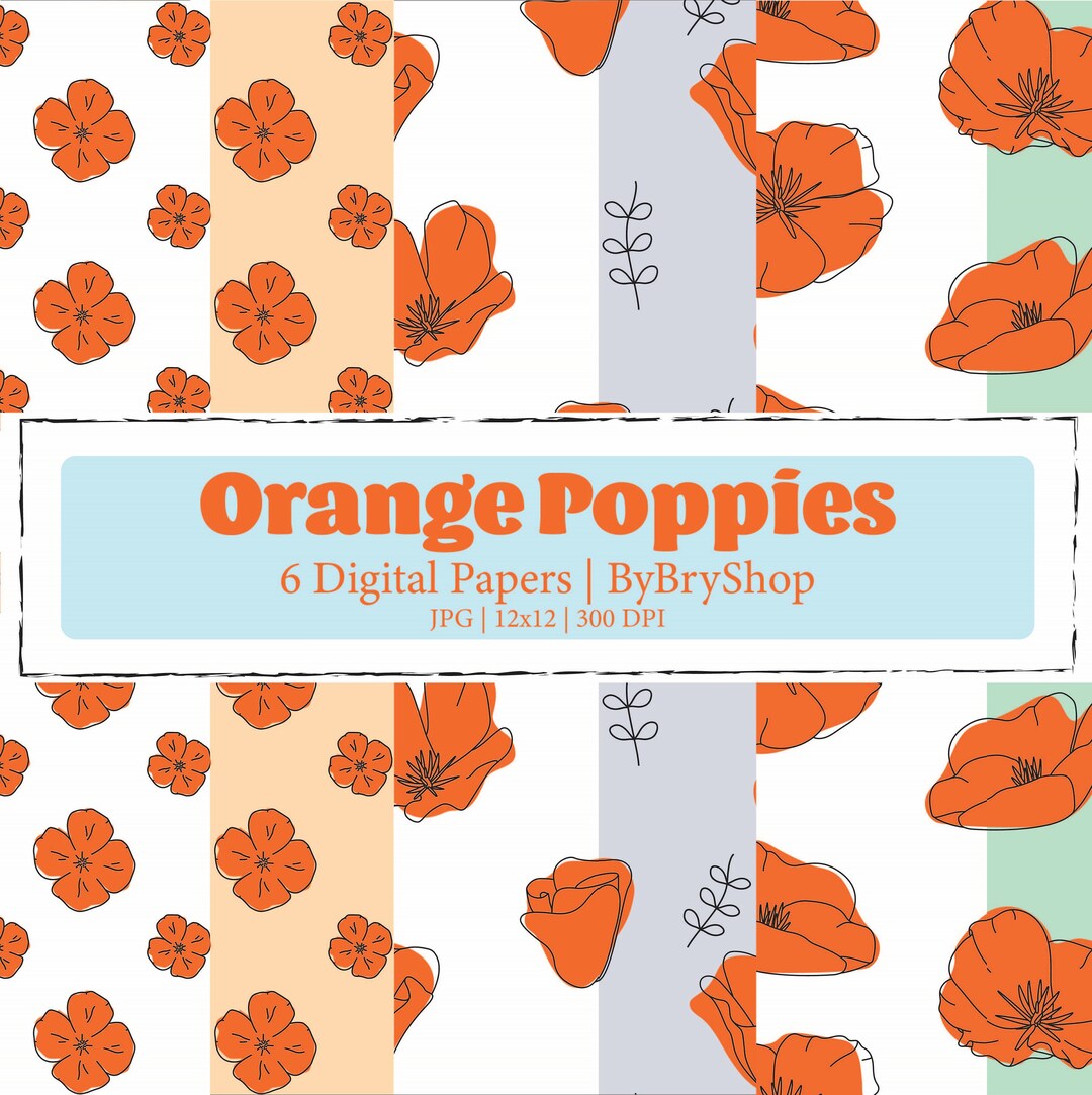 Orange Poppies Seamless Digital Pattern, Floral Digital Paper ...