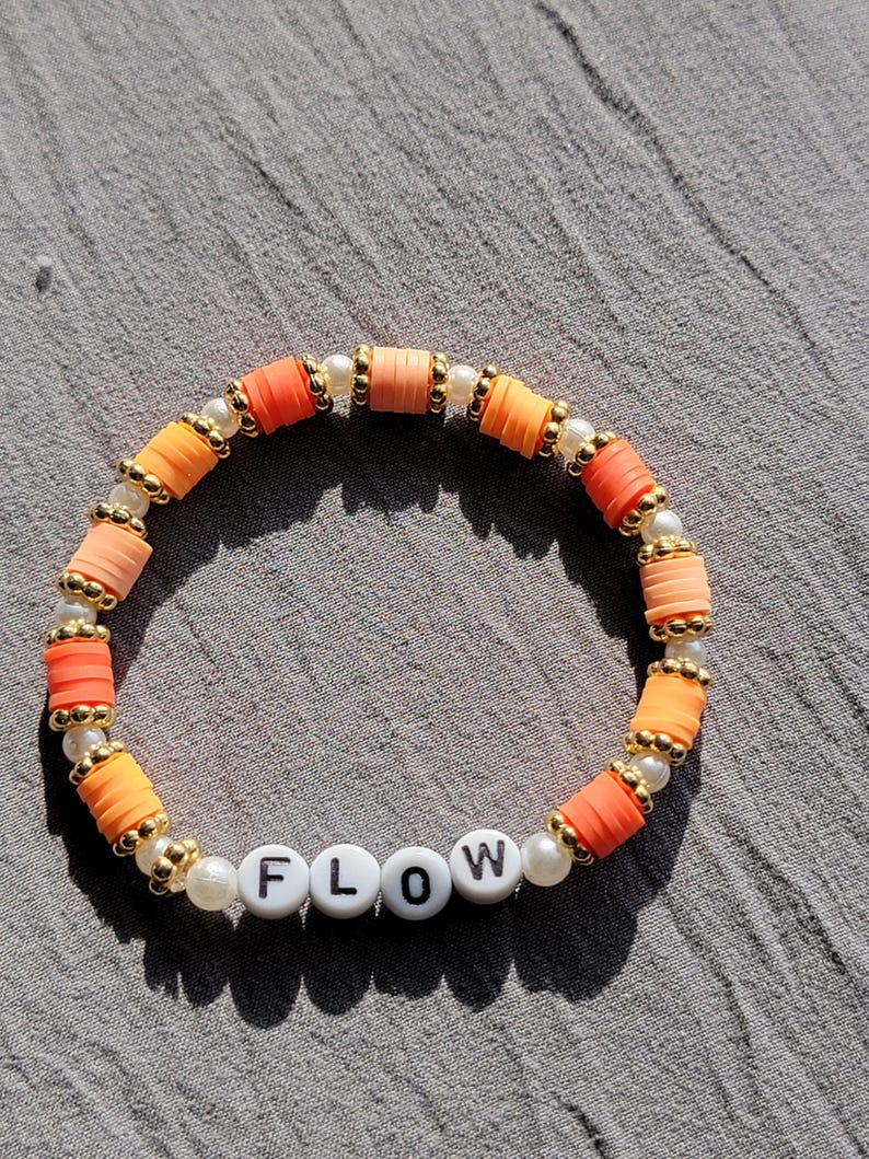 Handmade 'flow' Beaded Bracelet – Orange & Gold Stretch Bracelet With ...