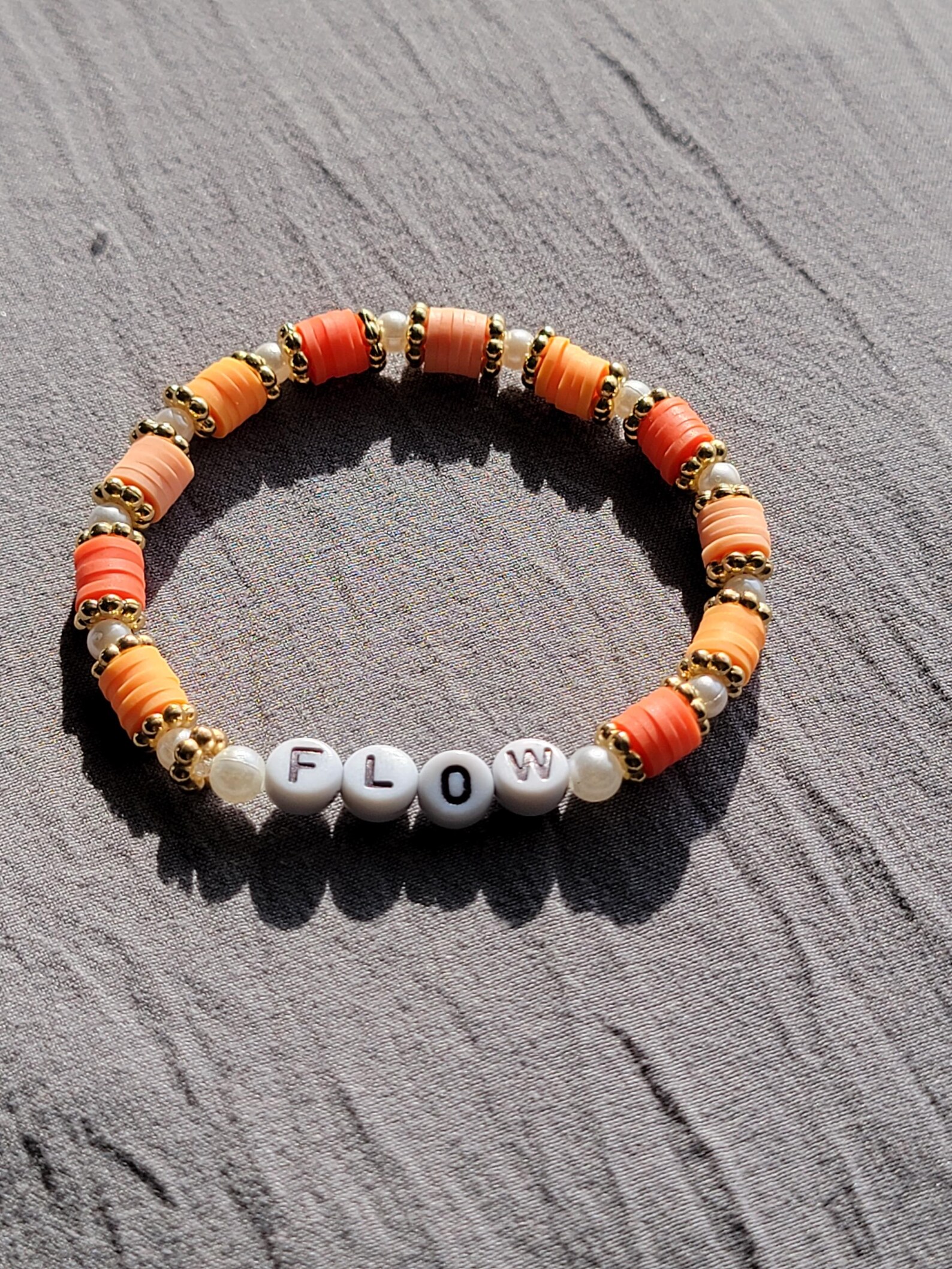Handmade 'flow' Beaded Bracelet – Orange & Gold Stretch Bracelet With ...