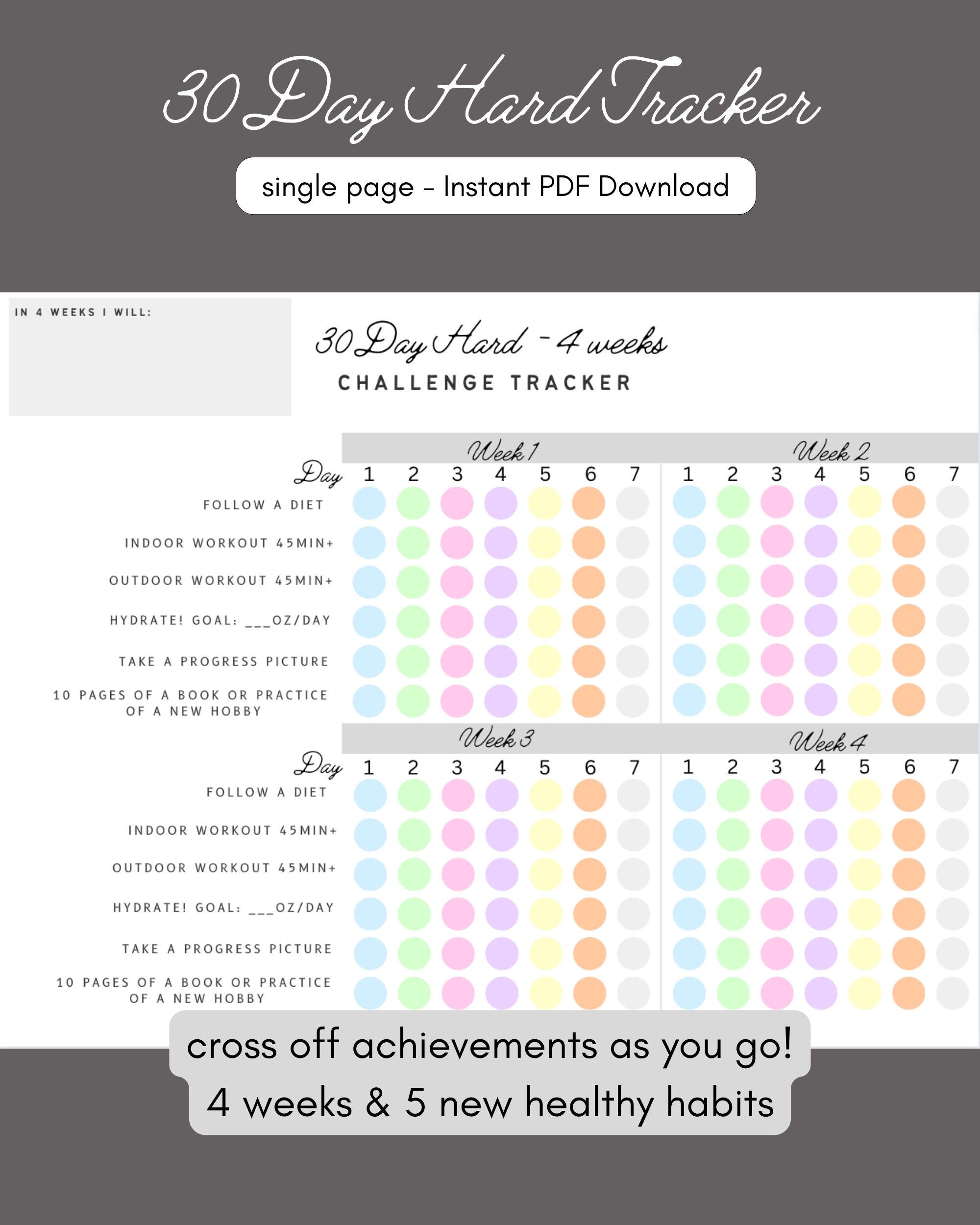 30 Day Hard Challenge Tracker Printable - Etsy