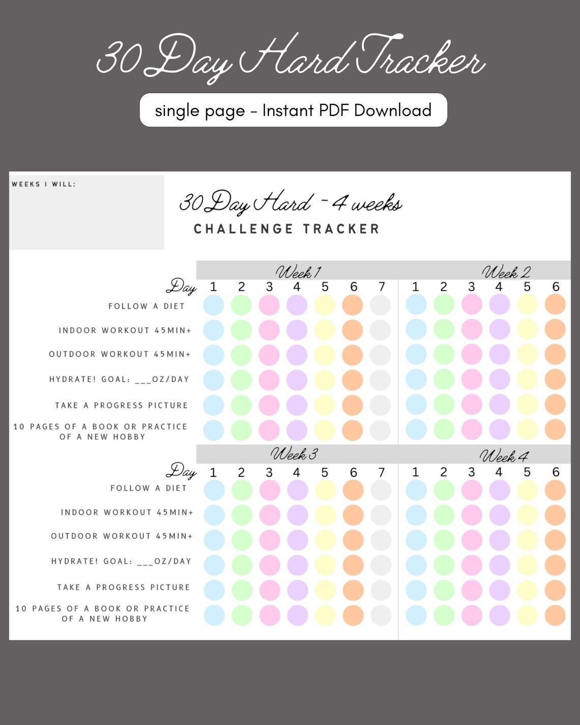 30 Day Hard Challenge Tracker Printable - Etsy