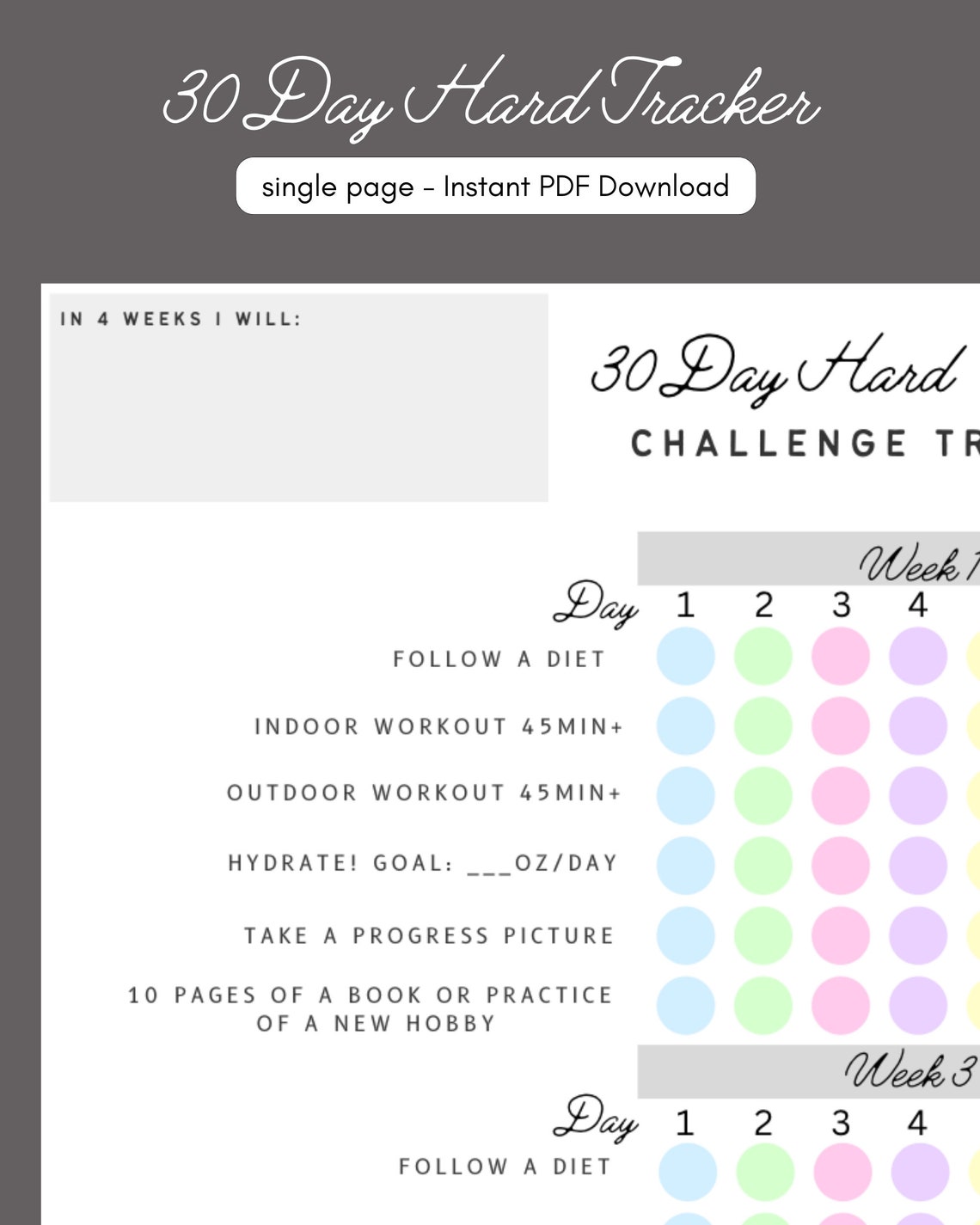 30 Day Hard Challenge Tracker Printable - Etsy
