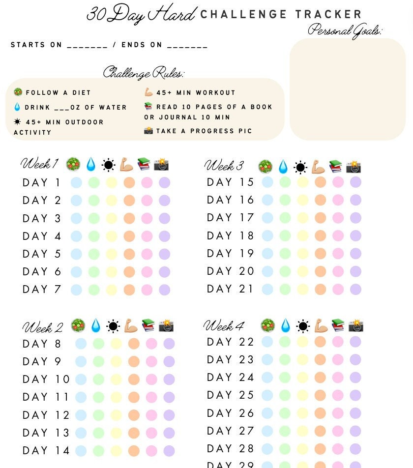 30 Day Hard Challenge Tracker PDF Printable - Etsy