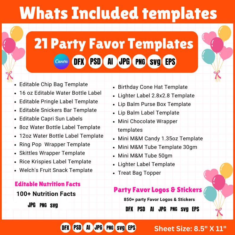 21 Party Favor Templates, Party Favors Template Bundle, Chocolate ...