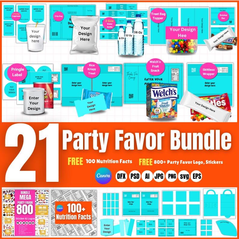 21 Party Favor Templates, Party Favors Template Bundle, Chocolate ...