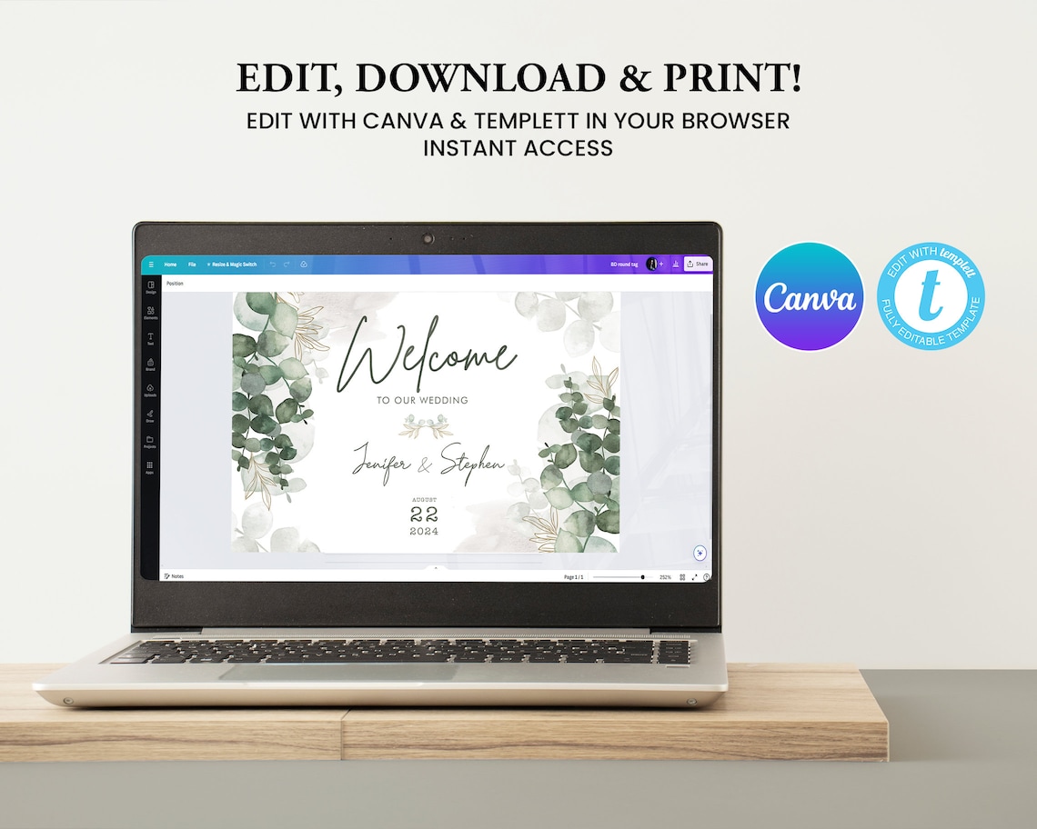 Editable Greenery Wedding Welcome Sign, Printable Welcome Sign Template ...