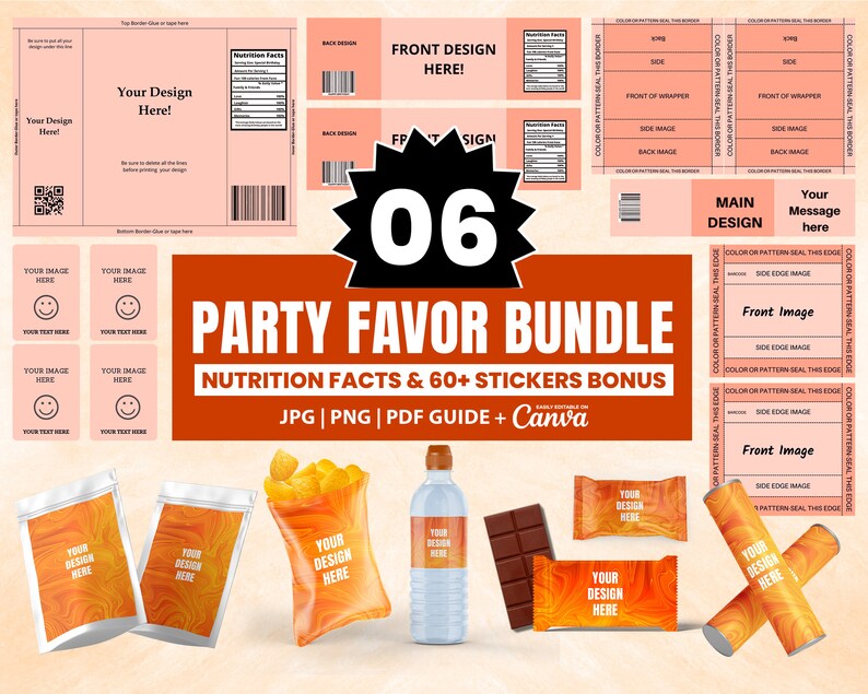 6 Party Favor Template Bundle, Party Favors, Chip Bag Template, Capri ...