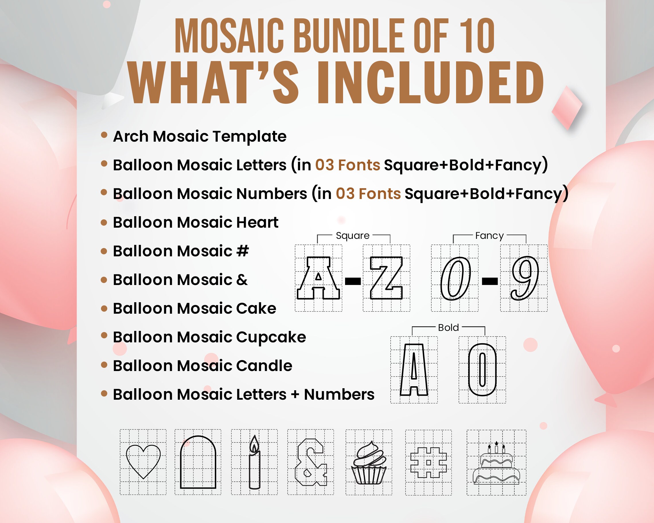 Bundle 10 Mosaic Letters & Numbers Templates,0-9 Mosaic Numbers, Heart ...