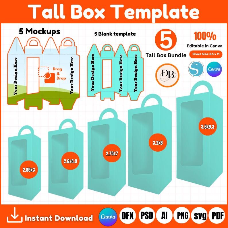 Tall Box Template Bundle, Party Favor Box, Doll Box Template, Window ...