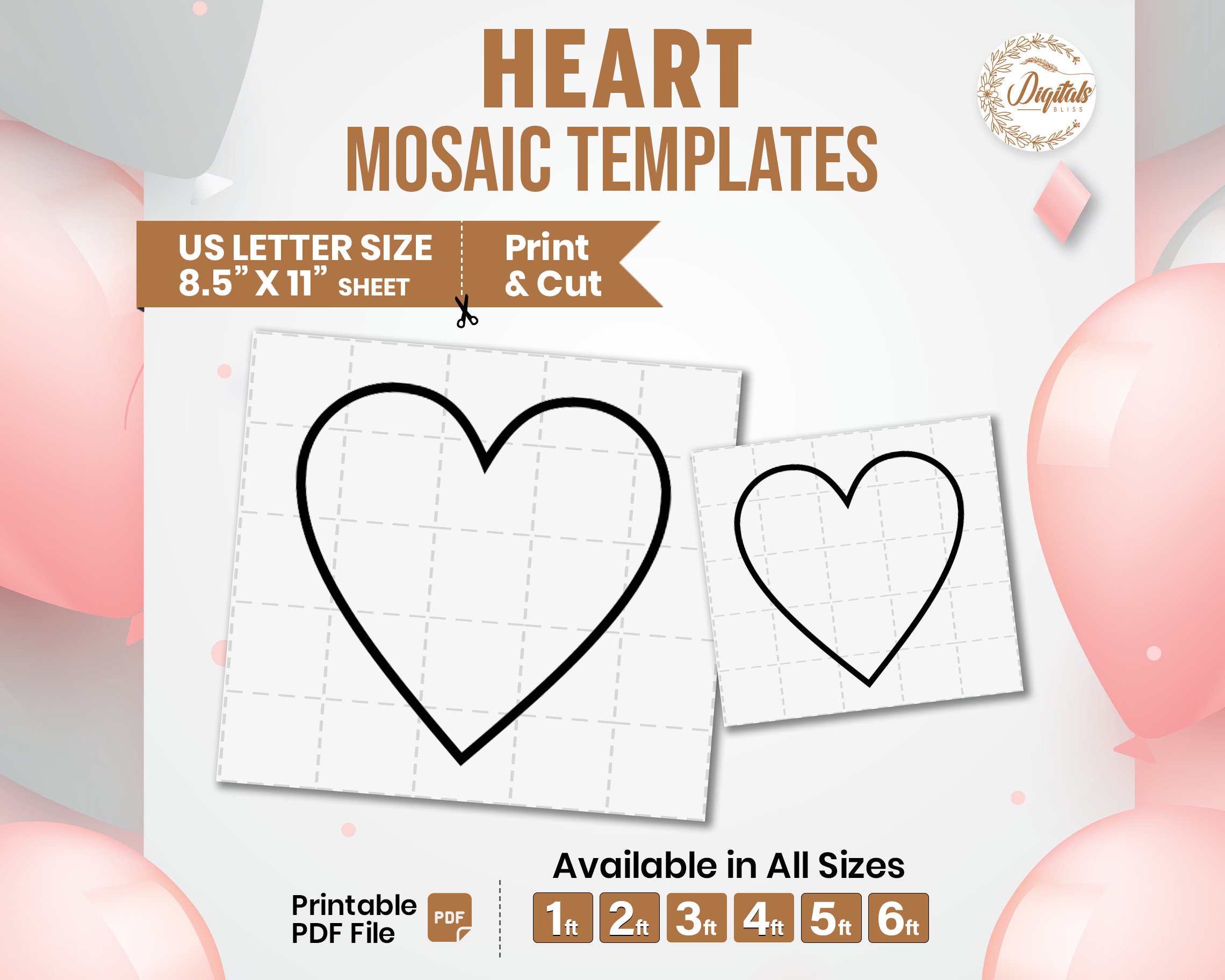 1-6ft Heart Mosaic Template, Heart From Balloons, Valentine's Heart ...