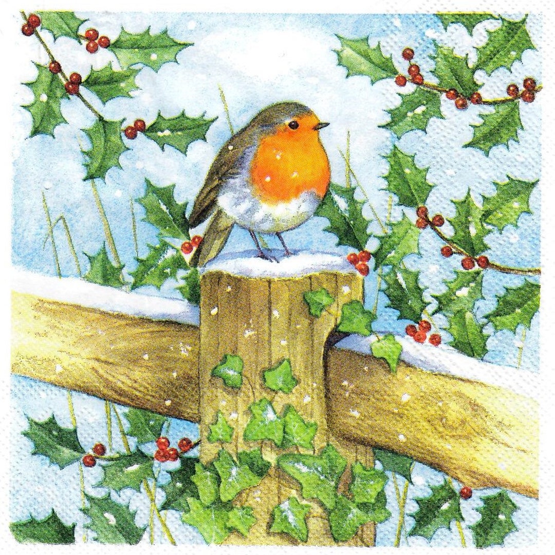 Robin and Holly Decoupage Napkins , Christmas Robin Paper Napkins for ...