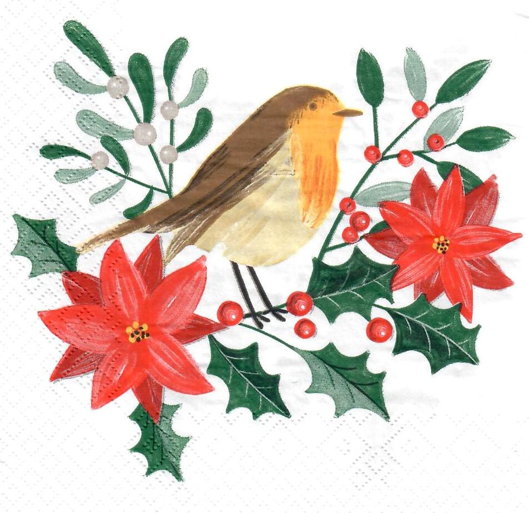 Robin on Holly Decoupage Napkins , Christmas Robin Paper Napkins for ...