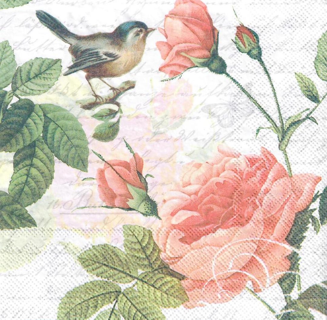 Ambiente Birds, Rose and Script Paper Napkins, Decoupage Paper (set of ...