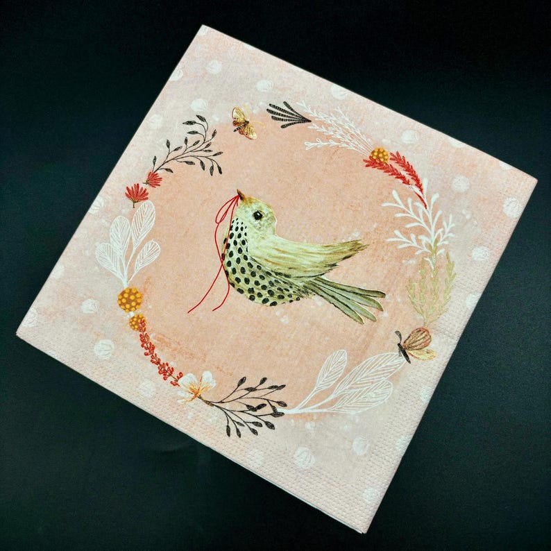 Bird in Wreath Decoupage Napkins, Bird Paper Napkins for Decoupage ...