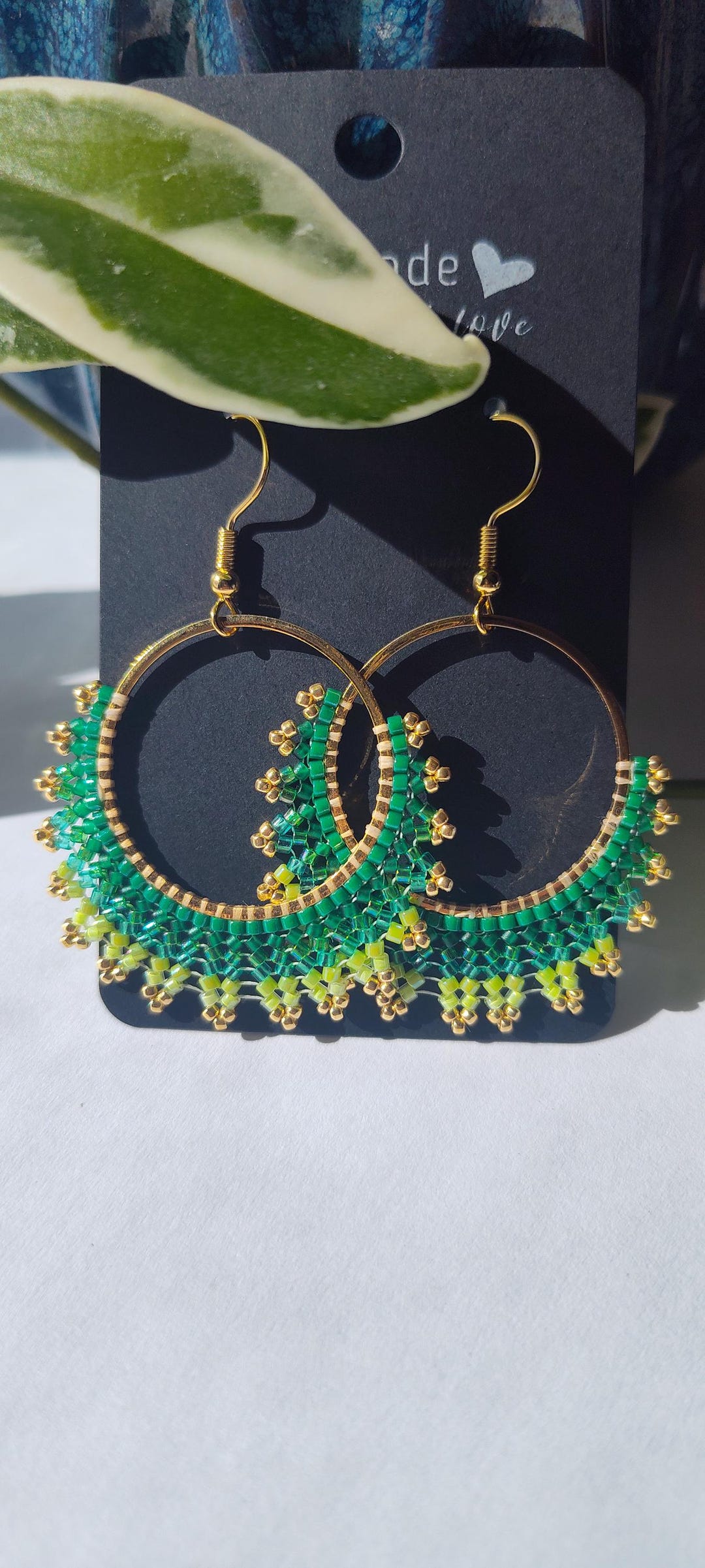 Shades of Green Delica Beads in a "fan" Style on a 24k Gold Hoop ...