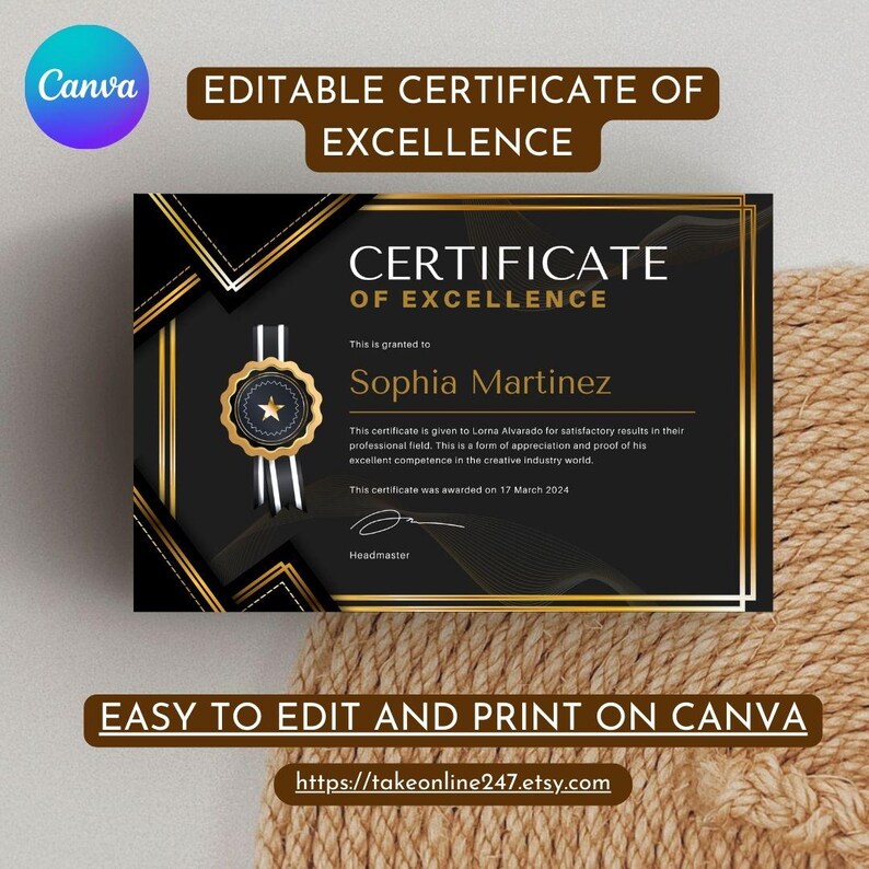 Modern Certificate of Excellence | Editable Printable Template ...