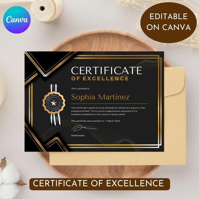 Modern Certificate of Excellence | Editable Printable Template ...