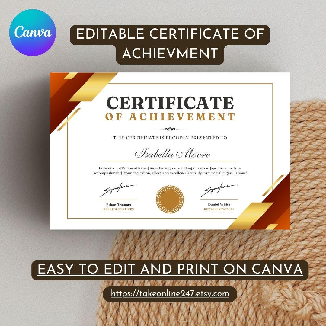 Editable Certificate of Achievement Template: Printable Award (PDF/PNG ...