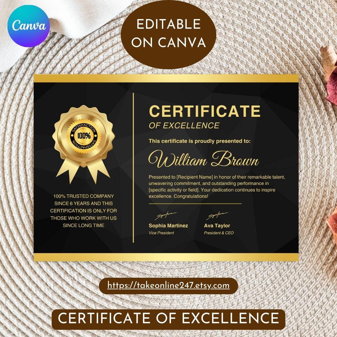 Custom Certificate of Excellence | Editable Printable Award Template ...