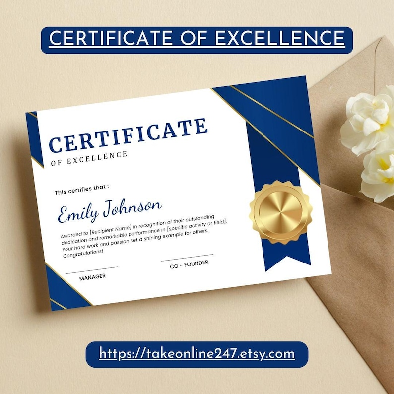 Editable Certificate of Excellence Template | Printable Digital Award ...
