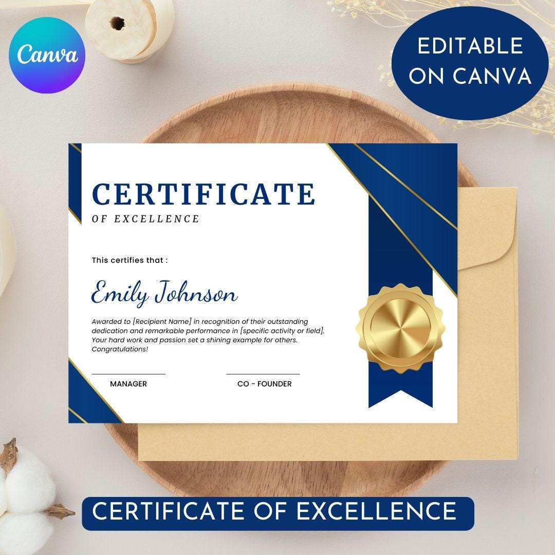 Editable Certificate of Excellence Template | Printable Digital Award ...