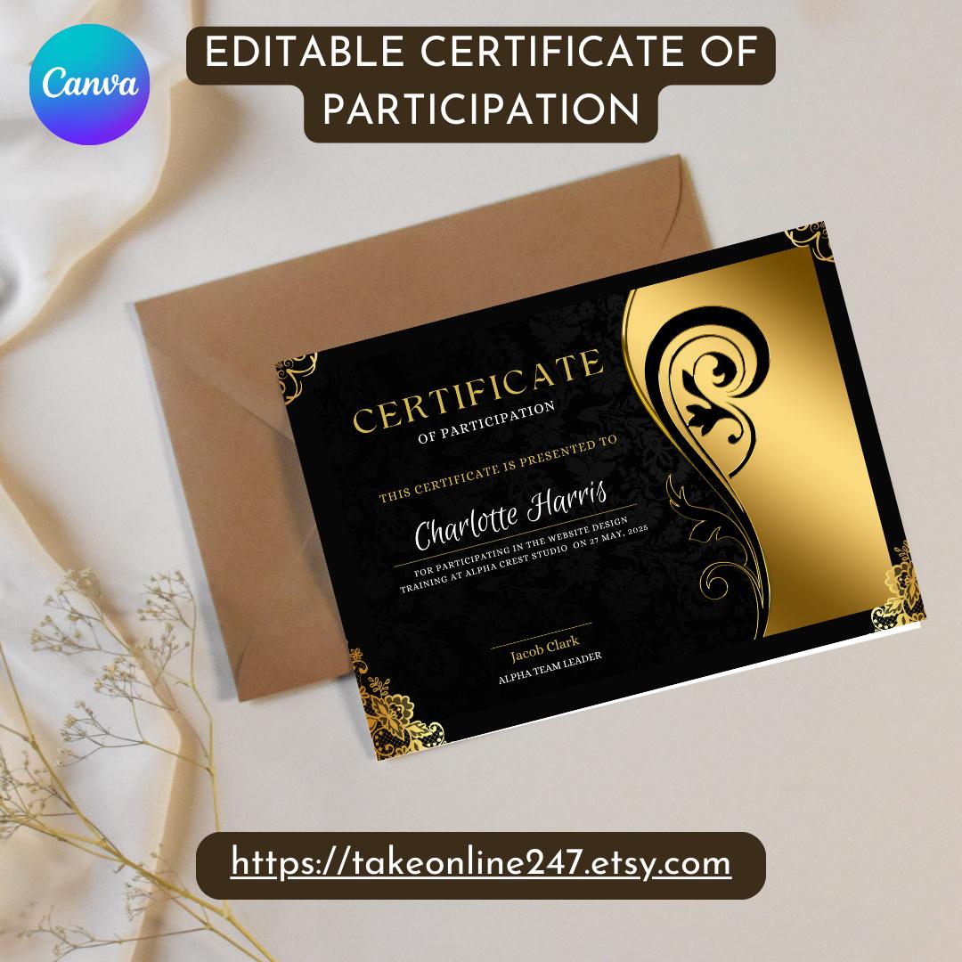 Printable Certificate of Participation | Editable Digital Template ...