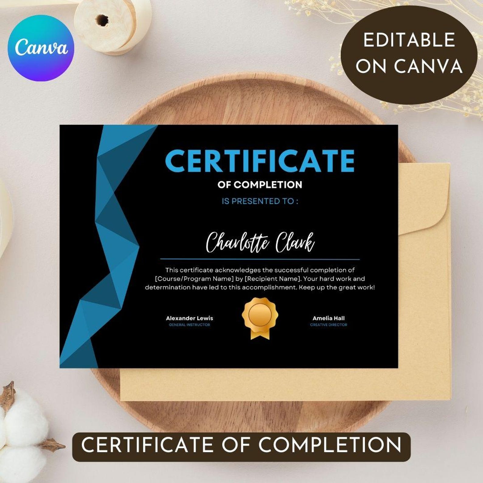 Editable Completion Certificate Template | Printable Digital Award ...