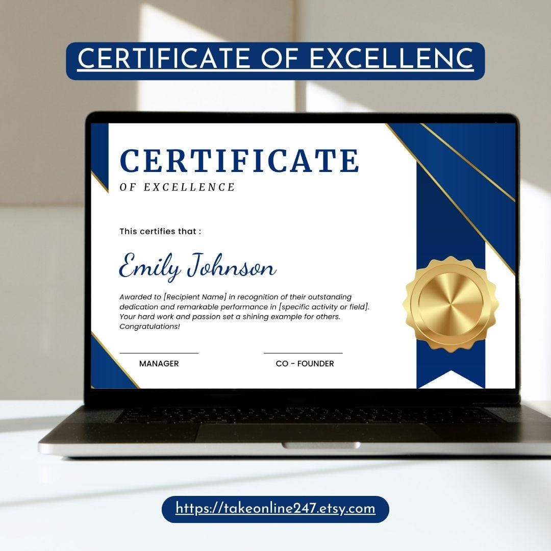 Editable Certificate of Excellence Template | Printable Digital Award ...