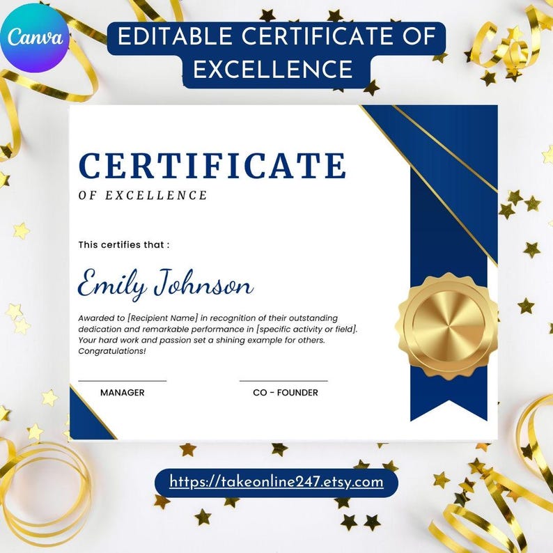 Editable Certificate of Excellence Template | Printable Digital Award ...