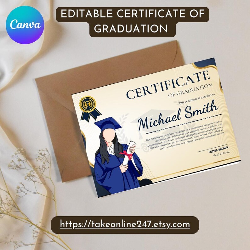 Editable Graduation Certificate Template: Printable PDF for Academic ...
