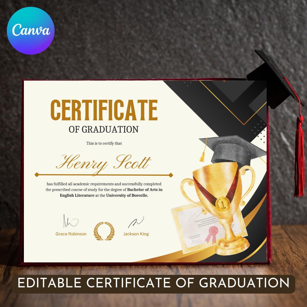 Editable Certificate of Graduation Template | Printable Digital ...