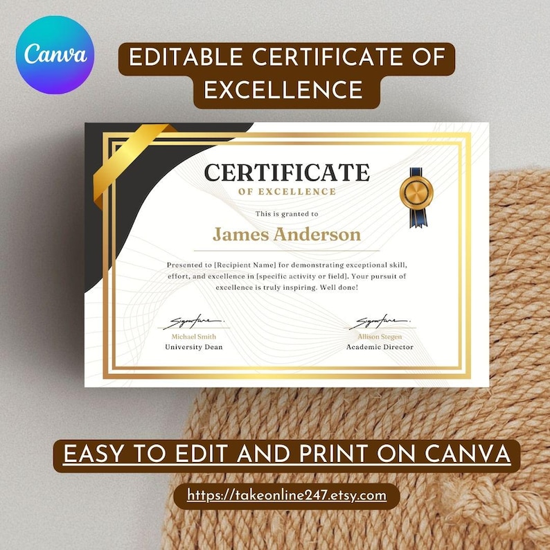 Printable Certificate of Excellence | Editable Recognition Template ...