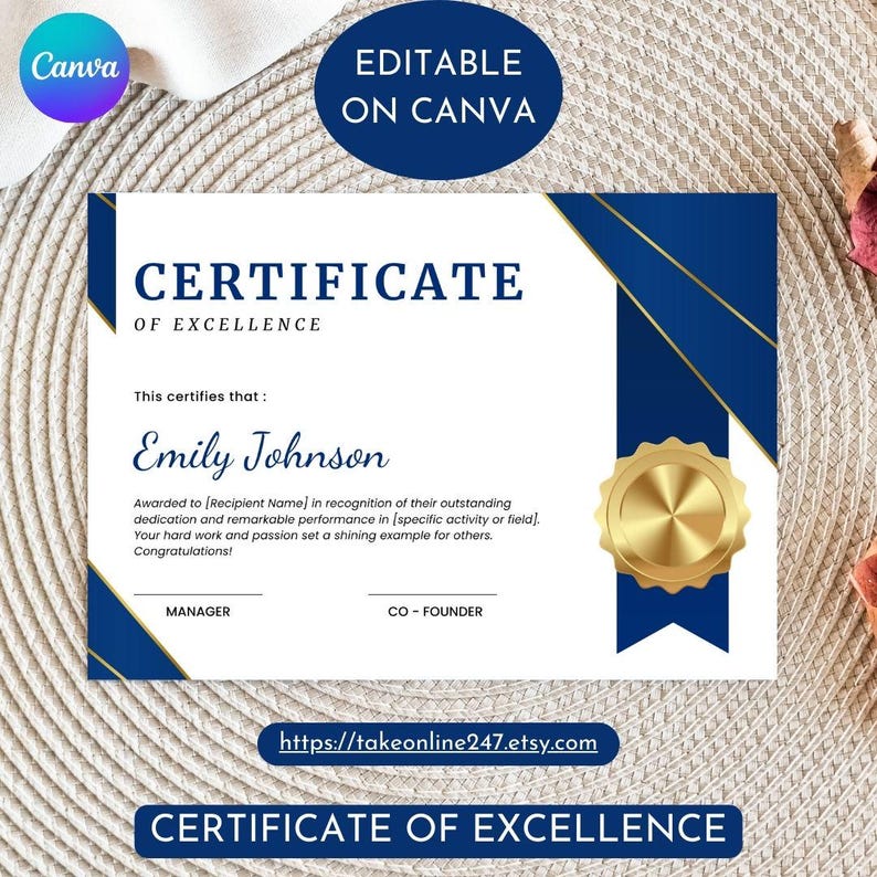 Editable Certificate of Excellence Template | Printable Digital Award ...