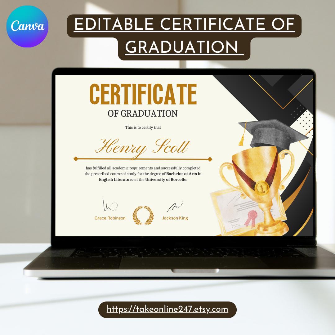 Editable Certificate of Graduation Template | Printable Digital ...