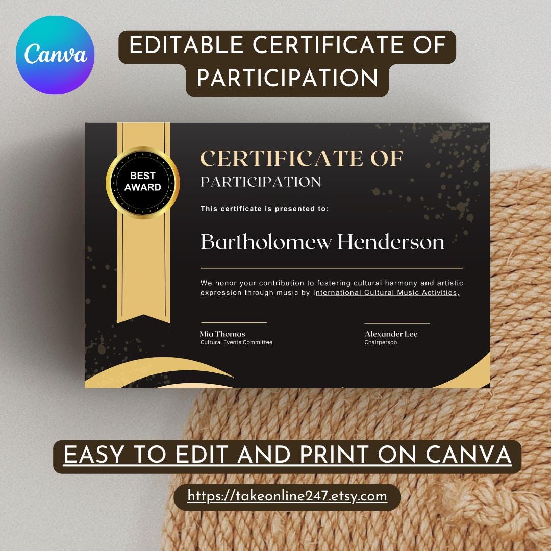 Editable Certificate of Participation | Printable Digital Template ...