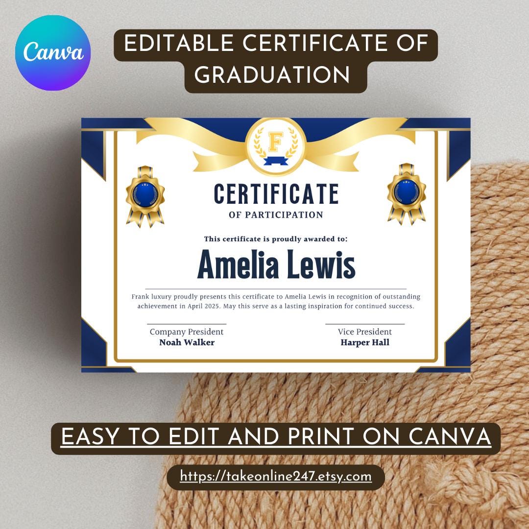 Editable Certificate of Graduation Template | Printable Digital ...
