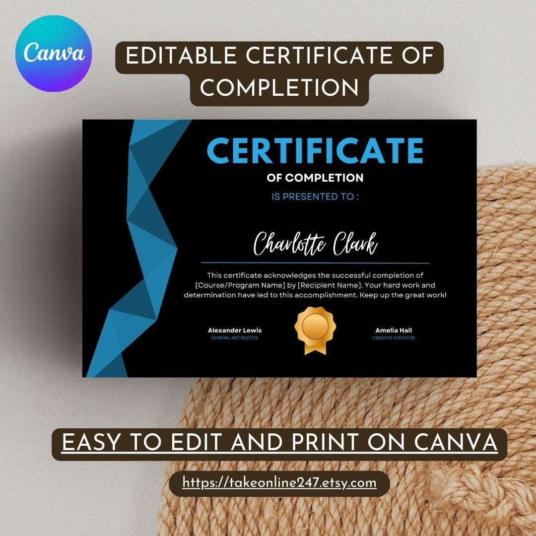 Editable Completion Certificate Template | Printable Digital Award ...