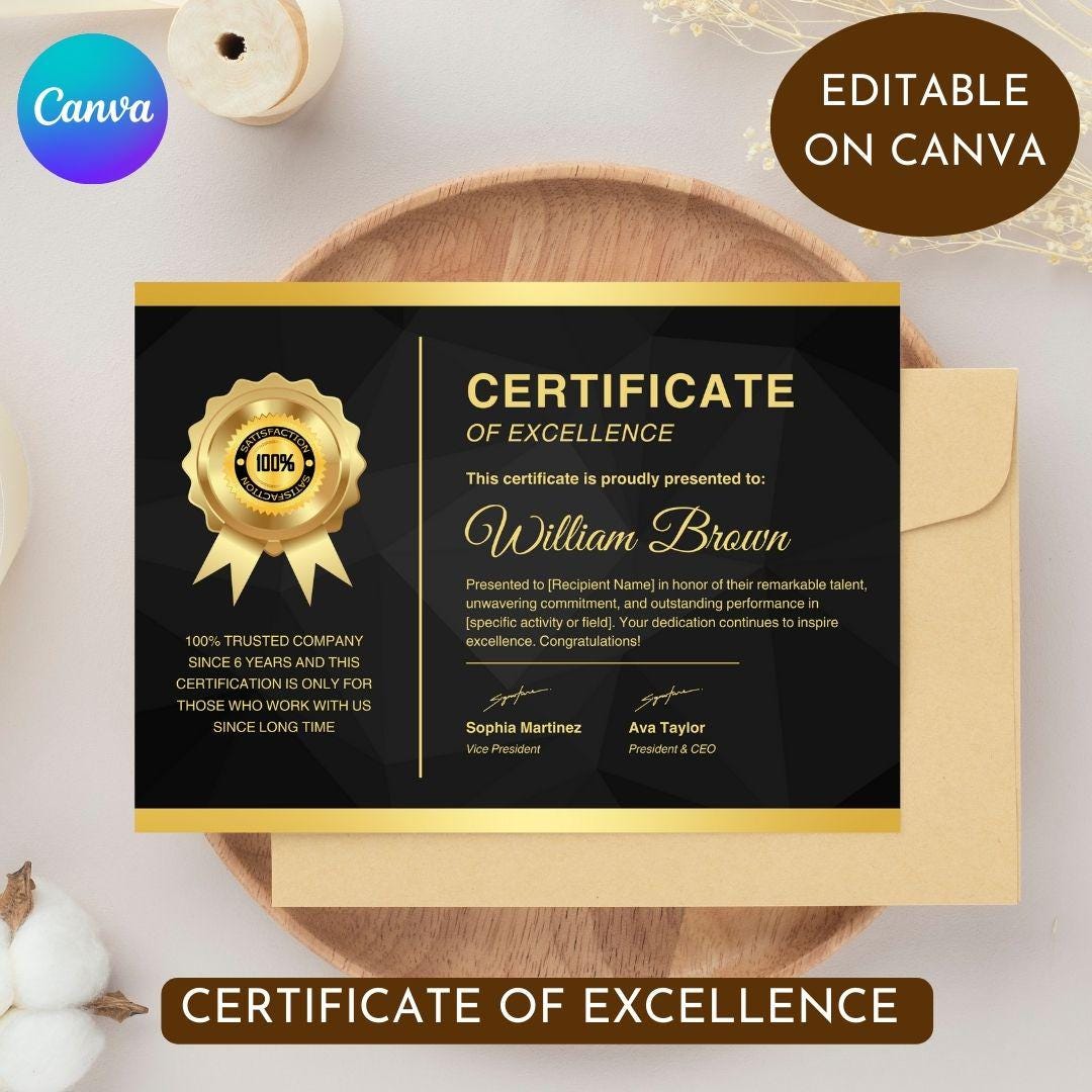 Custom Certificate of Excellence | Editable Printable Award Template ...