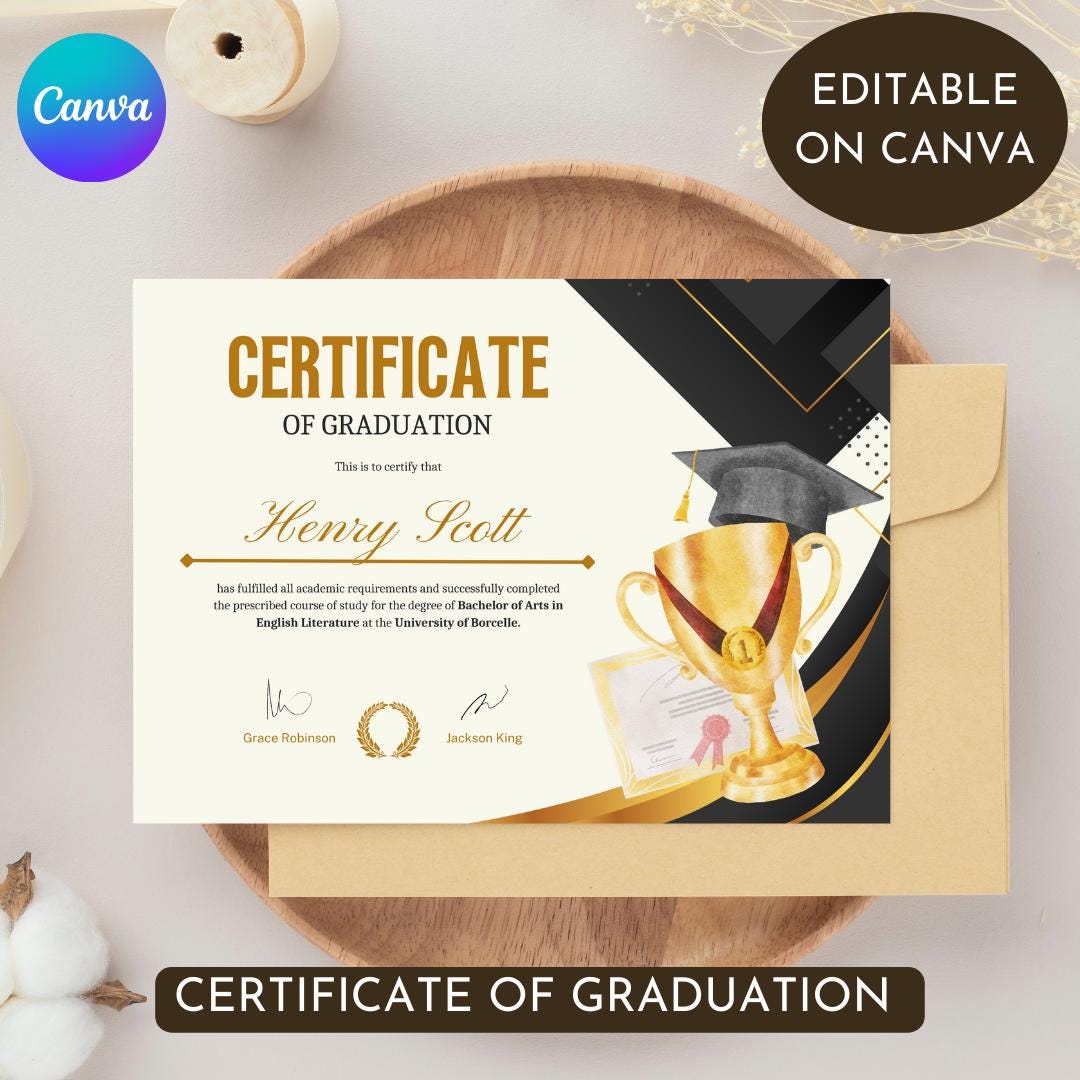 Editable Certificate of Graduation Template | Printable Digital ...