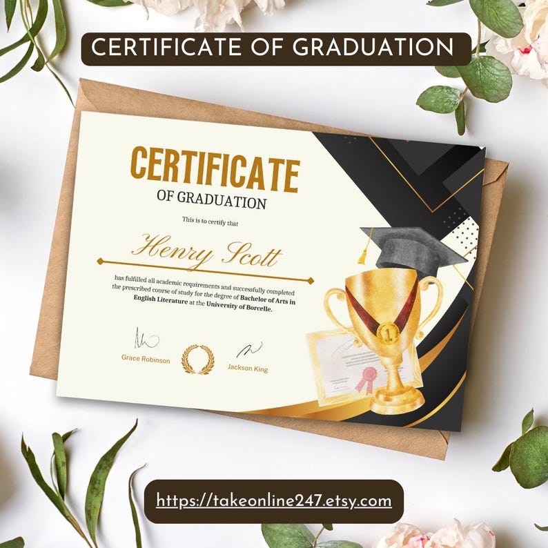Editable Certificate of Graduation Template | Printable Digital ...